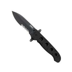 crkt m21-14sfg edc folding pocket knife: special forces everyday carry, black serrated edge blade, veff serrations, automated liner safety, dual hilt, g10 handle, reversible pocket clip