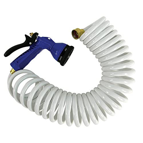 Whitecap P-0441, 25' White Coiled Hose w/Nozzle & 3/4" Male/Female Brass Fittings