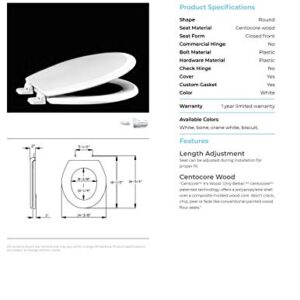 Centoco Toilet Seat, Round, Wood, Heavy Duty Toilet Seat, Toilet Lid, For Standard Toilets, Molded Wood with Centocore Technology, Made in the USA, 700-001, White