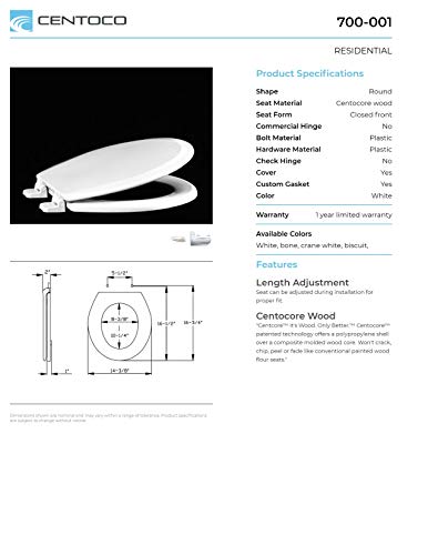 Centoco Toilet Seat, Round, Wood, Heavy Duty Toilet Seat, Toilet Lid, For Standard Toilets, Molded Wood with Centocore Technology, Made in the USA, 700-001, White