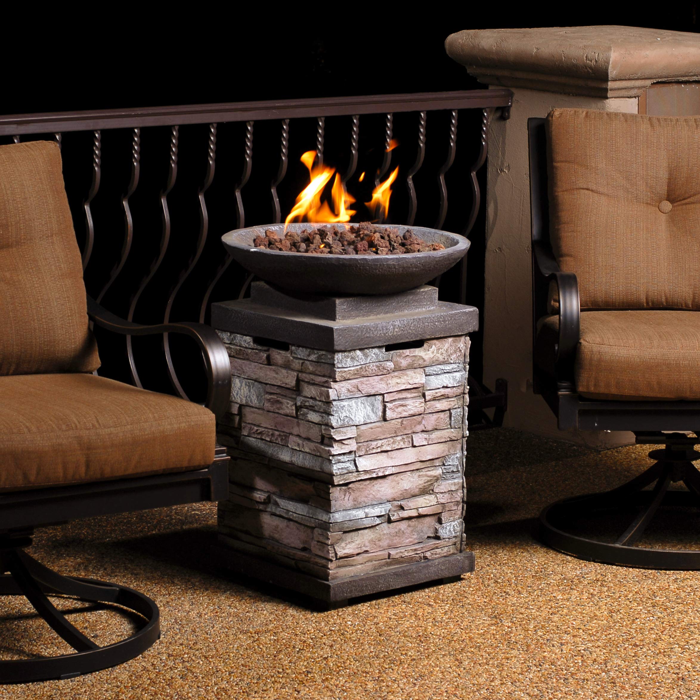 Bond Manufacturing 63172 Newcastle Propane Firebowl Column Realistic Look Firepit Heater Lava Rock 40,000 BTU Outdoor Gas Fire Pit 20 lb, Pack of 1, Natural Stone