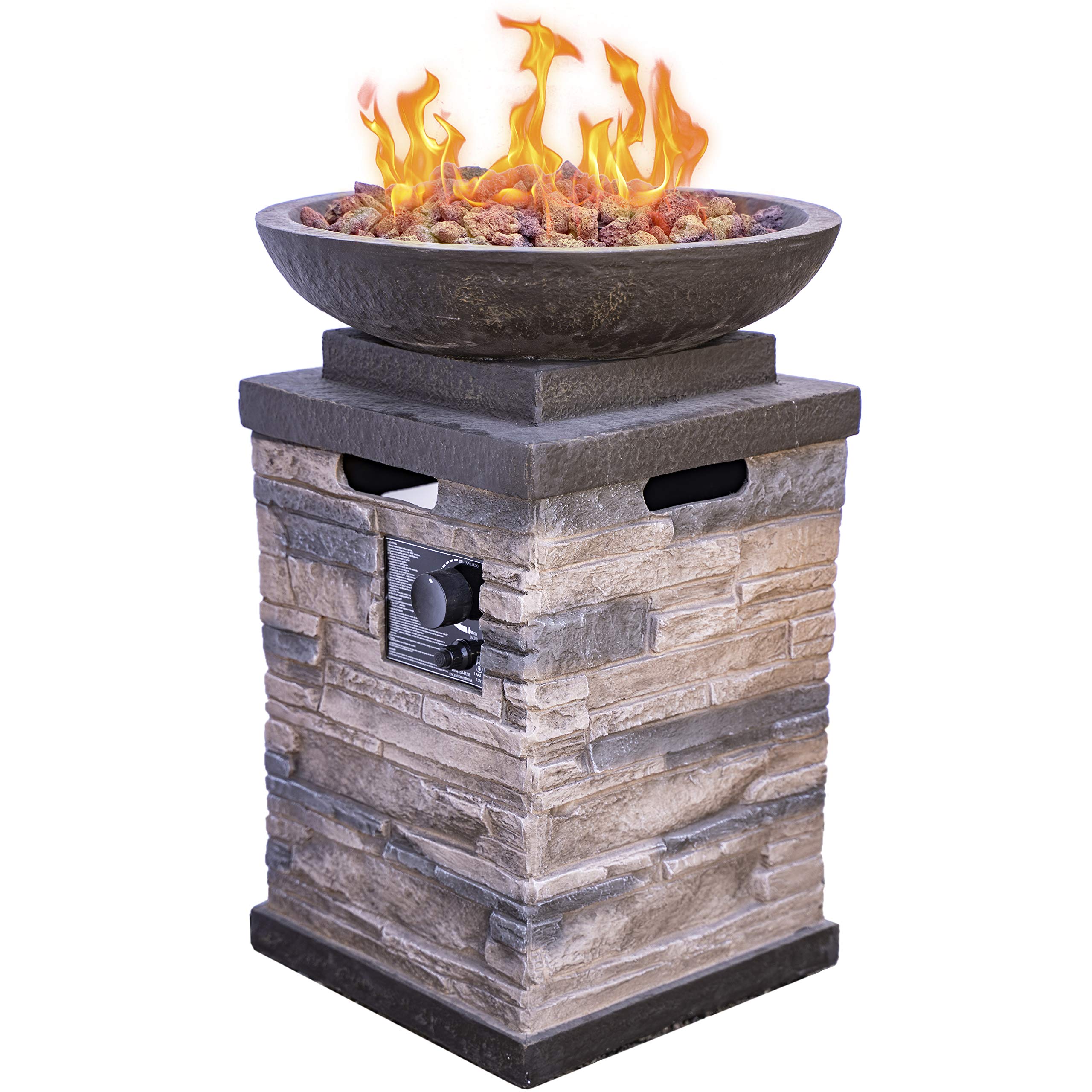 Bond Manufacturing 63172 Newcastle Propane Firebowl Column Realistic Look Firepit Heater Lava Rock 40,000 BTU Outdoor Gas Fire Pit 20 lb, Pack of 1, Natural Stone