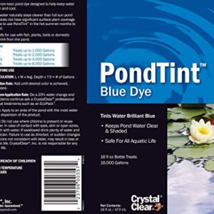 CrystalClear PondTint Blue Pond Dye, for Water Gardens & Koi Fish Ponds, Ecofriendly, Clean & Clear Water, No Mixing & Easy to Use, Enhances Natural Color, Treats up 16,000 Gallons, 16 oz