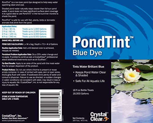 CrystalClear PondTint Blue Pond Dye, for Water Gardens & Koi Fish Ponds, Ecofriendly, Clean & Clear Water, No Mixing & Easy to Use, Enhances Natural Color, Treats up 16,000 Gallons, 16 oz