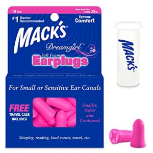 mack's dreamgirl soft foam earplugs, 10 pair, pink - small ear plugs for sleeping, snoring, studying, loud events, traveling & concerts