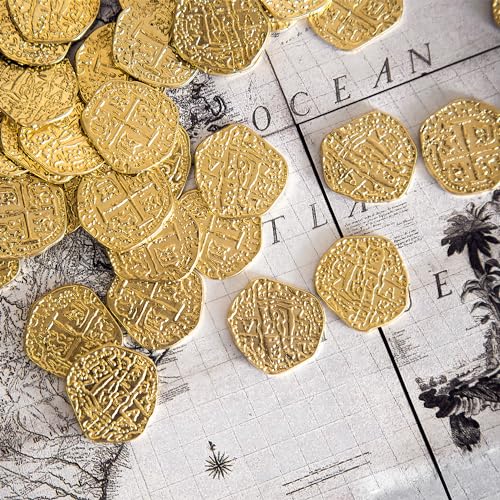 Beverly Oaks Metal Pirate Coins - Gold Spanish Doubloon Replicas - Fantasy Metal Coin Pirate Treasure (50-Coins-All Gold)