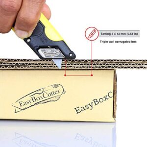 Modern Box Cutter, extra tape cutter at back, dual side edge guide, 3 blade depth setting, 2 blades and holster - Yellow Color 2000N