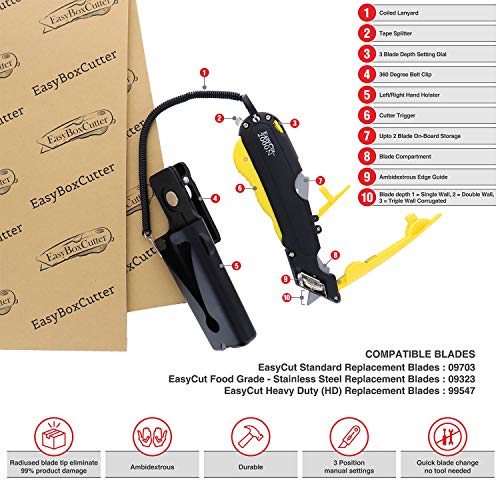 Modern Box Cutter, extra tape cutter at back, dual side edge guide, 3 blade depth setting, 2 blades and holster - Yellow Color 2000N