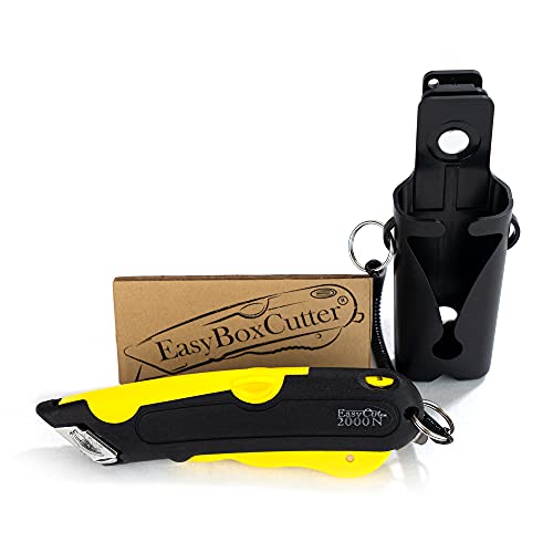 Modern Box Cutter, extra tape cutter at back, dual side edge guide, 3 blade depth setting, 2 blades and holster - Yellow Color 2000N