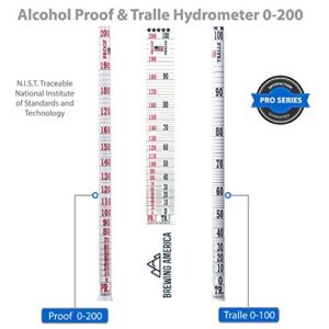 American-Made Alcohol Hydrometer Tester 0-200 Proof & Tralle Pro Series Traceable - Distilling Moonshine Alcoholmeter for Proofing Distilled Spirits