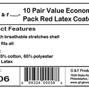 G & F Products 3106-10 String Knit Palm, Latex Dipped Nitrile Coated Work Gloves For General Purpose, 10-Pairsper Pack, Red, Large