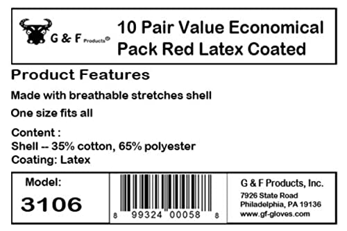 G & F Products 3106-10 String Knit Palm, Latex Dipped Nitrile Coated Work Gloves For General Purpose, 10-Pairsper Pack, Red, Large