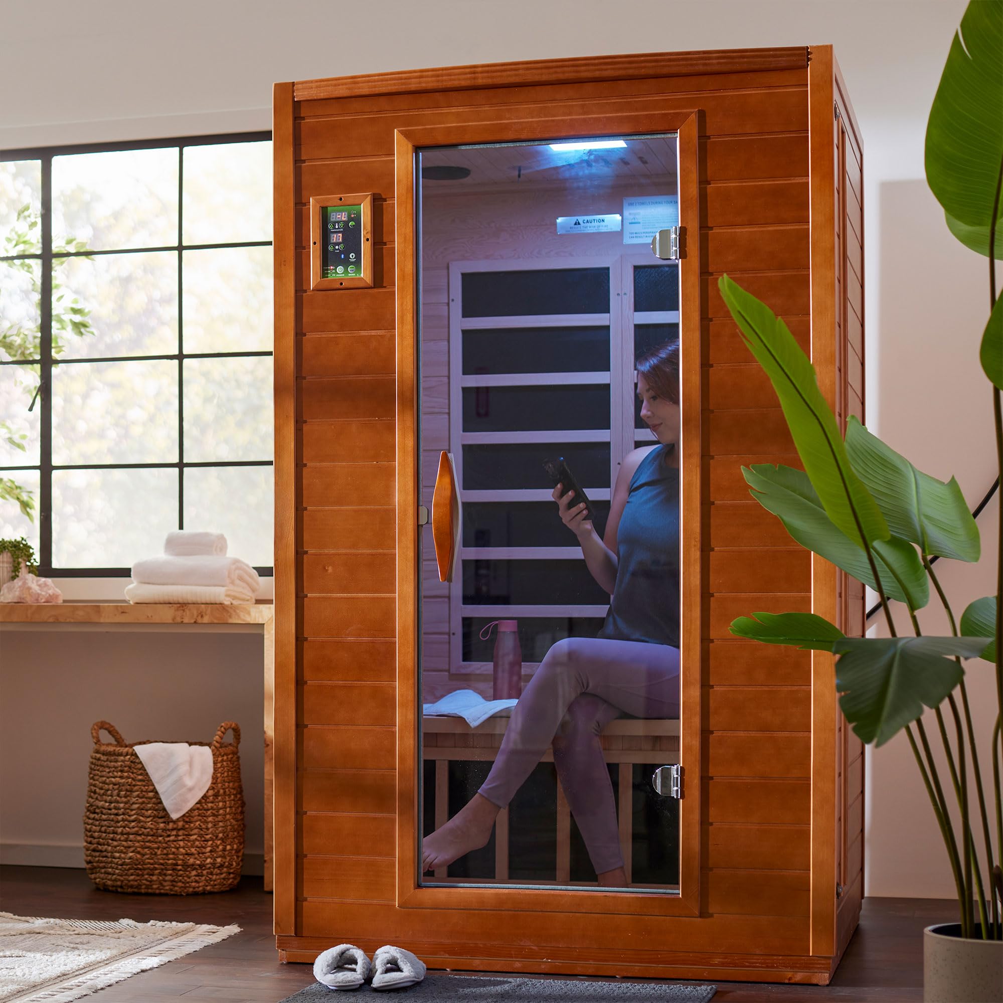 Dynamic Andora 2 Person Low EMF 6 Heating Panel Infrared Therapy Wood Dry Heat Sauna with MP3 Aux Connection for Home Spa Days - Curbside Delivery