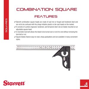 Starrett Steel Combination Square with Square Head - Ideal for Professionals and Home Improvement - 300mm, Cast Iron Heads, Reversible Lock Bolt, Spirit Level - 11MH-300