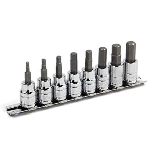 powerbuilt hex bit socket set, 8 piece, 3/8 inch drive metric, sizes 3-10mm, ball end sockets, storage rail - 642405