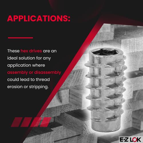 E-Z LOK Knife Threaded Insert for Soft Wood, Zinc Hex-Flush Thread Inserts 1/4-20 Internal Threads, 0.789" Length Pack of 50