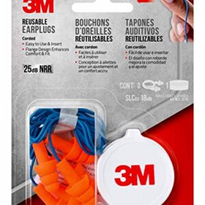 3M Corded Reusable Earplug, 3-Pair with Case, Orange/Blue