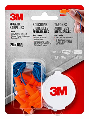 3M Corded Reusable Earplug, 3-Pair with Case, Orange/Blue