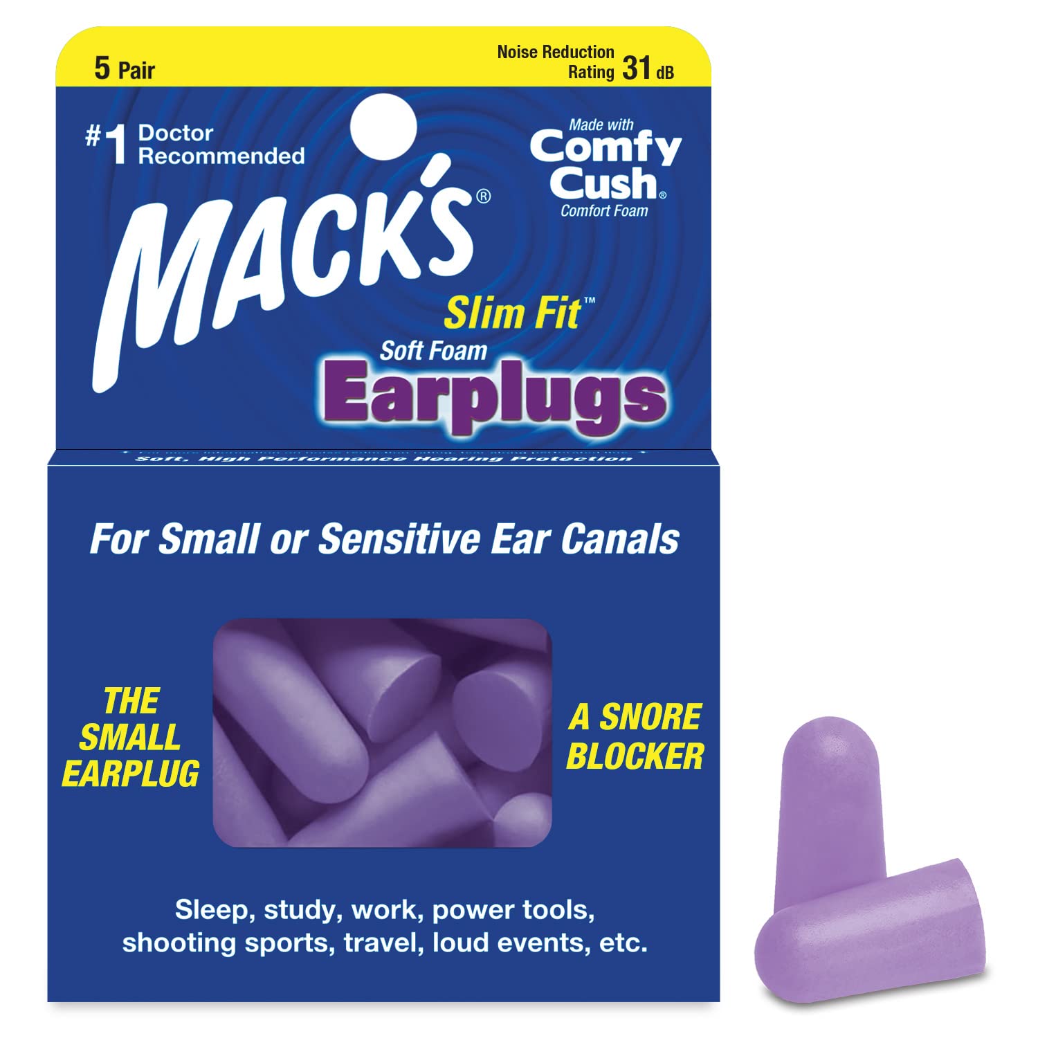 Mack's Slim Fit Soft Foam Earplugs, 5 Pair - Small Ear Plugs for Sleeping, Snoring, Traveling, Concerts, Shooting Sports & Power Tools | Made in USA