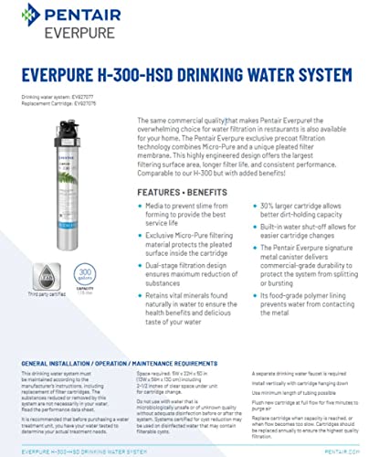 Pentair Everpure H-300-HSD Quick-Change Filter Cartridge, EV927075, For Use in Everpure H Series Drinking Water Systems, 300 Gallon Capacity, 0.5 Micron