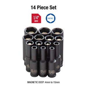 Sunex 1831, 1/4 Inch Drive Deep Magnetic Impact Socket Set, 14-Piece, Metric, 4mm - 15mm, Cr-Mo Alloy Steel, Heavy Duty Storage Case, Meets ANSI Standards