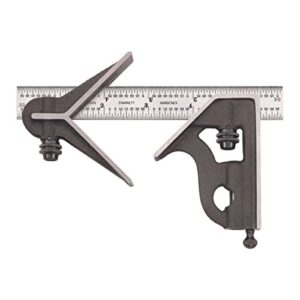 starrett steel combination square with square head and center head - 6" blade length, cast iron heads, hardened steel, reversible lock bolt, 4r graduation type - 11hc-6-4r