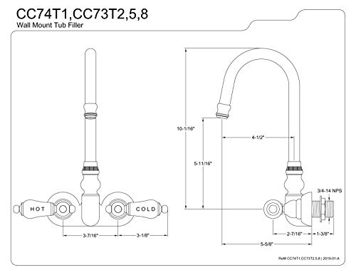 Kingston Brass CC74T1 Vintage Leg Tub Filler, Porcelain Lever Handle, Polished Chrome,8-Inch Adjustable Center