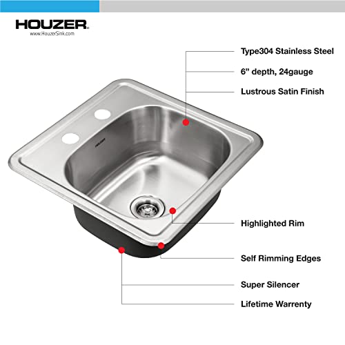 Houzer Stainless Steel 1515-6BS-1 Hospitality Bar Prep Sink - Topmount 15" Single Bowl, 2-Hole, Drop-In Installation, Featuring Corrosion Resistant Stainless Steel, Easy to Clean Satin Finish