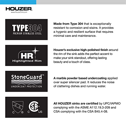 Houzer Stainless Steel 1515-6BS-1 Hospitality Bar Prep Sink - Topmount 15" Single Bowl, 2-Hole, Drop-In Installation, Featuring Corrosion Resistant Stainless Steel, Easy to Clean Satin Finish