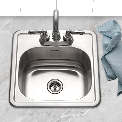 Houzer Stainless Steel 1515-6BS-1 Hospitality Bar Prep Sink - Topmount 15" Single Bowl, 2-Hole, Drop-In Installation, Featuring Corrosion Resistant Stainless Steel, Easy to Clean Satin Finish