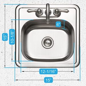 Houzer Stainless Steel 1515-6BS-1 Hospitality Bar Prep Sink - Topmount 15" Single Bowl, 2-Hole, Drop-In Installation, Featuring Corrosion Resistant Stainless Steel, Easy to Clean Satin Finish