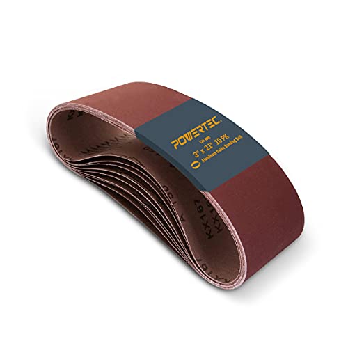 POWERTEC 110450 3 x 21 Inch Sanding Belts, 120 Grit Aluminum Oxide Belt Sander Sanding Belt for Portable Belt Sander, Wood & Paint Sanding, Metal Polishing, 10PK