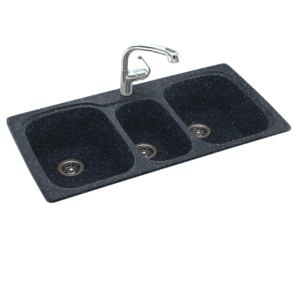 Swanstone KS04422TB.015 Solid Surface 1-Hole Drop in Triple-Bowl Kitchen Sink, 44-in L X 22-in H X 9-in H, Black Galaxy