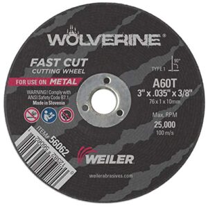 weiler 56062 3" x 0.035" wolverine type 1 thin cutting wheel, a60t, 3/8" a.h. (pack of 100)