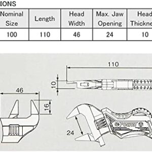 110mm Stubby Pocket Sized Adjustable Wrench Spanner with Ultra Slim 2mm Jaws and comfort handle cover (TPR), ENGINEER TWM-08