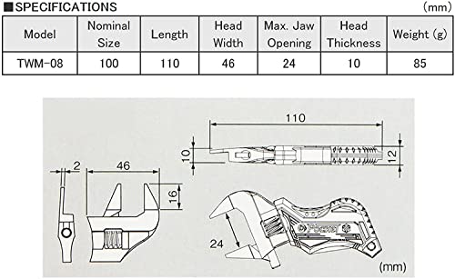 110mm Stubby Pocket Sized Adjustable Wrench Spanner with Ultra Slim 2mm Jaws and comfort handle cover (TPR), ENGINEER TWM-08