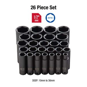 Sunex 2646, 1/2 Inch Drive Deep Impact Socket Set, 26-Piece, Metric, 10mm-36mm, Cr-Mo Alloy Steel, Radius Corner Design, Heavy Duty Storage Case