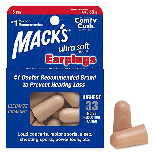 Mack's Ultra Soft Foam Earplugs, 5 Pair - 33dB Highest NRR, Comfortable Ear Plugs for Sleeping, Snoring, Travel, Concerts, Studying, Loud Noise, Work | Made in USA