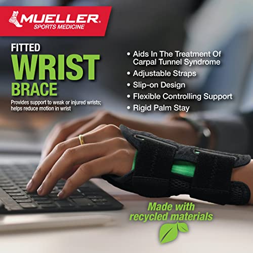 Mueller Sports Medicine Green Fitted Wrist Brace for Men and Women, Support and Compression for Carpal Tunnel Syndrome, Tendinitis, and Arthritis, Right Hand, Black, Small/Medium