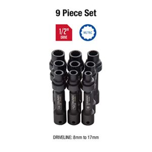 Sunex 2695, ½ Inch Drive Driveline Limited Clearance Socket Set, 12-Point, 9-Piece, Metric, 8mm-17mm, Cr-Mo Steel, Heavy Duty Storage Case