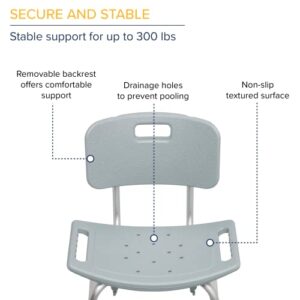 Drive Medical RTL12202KDR Shower Chair with Back, Adjustable Stool with Suction Feet, Shower Seat for Inside Shower or Tub, Bathroom Bench Bath Chair for Elderly and Disabled, 300 LB Weight Cap, Grey