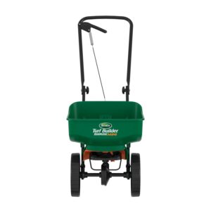 scotts turf builder edgeguard mini broadcast spreader - holds up to 5,000 sq. ft. of lawn product, green