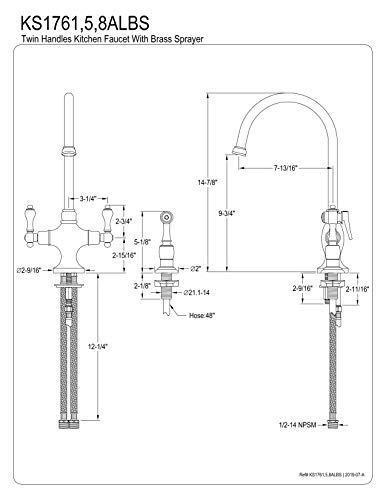 Kingston Brass KS1768ALBS Vintage Classic Kitchen Faucet with Brass Sprayer, 7-7/8-Inch, Satin Nickel