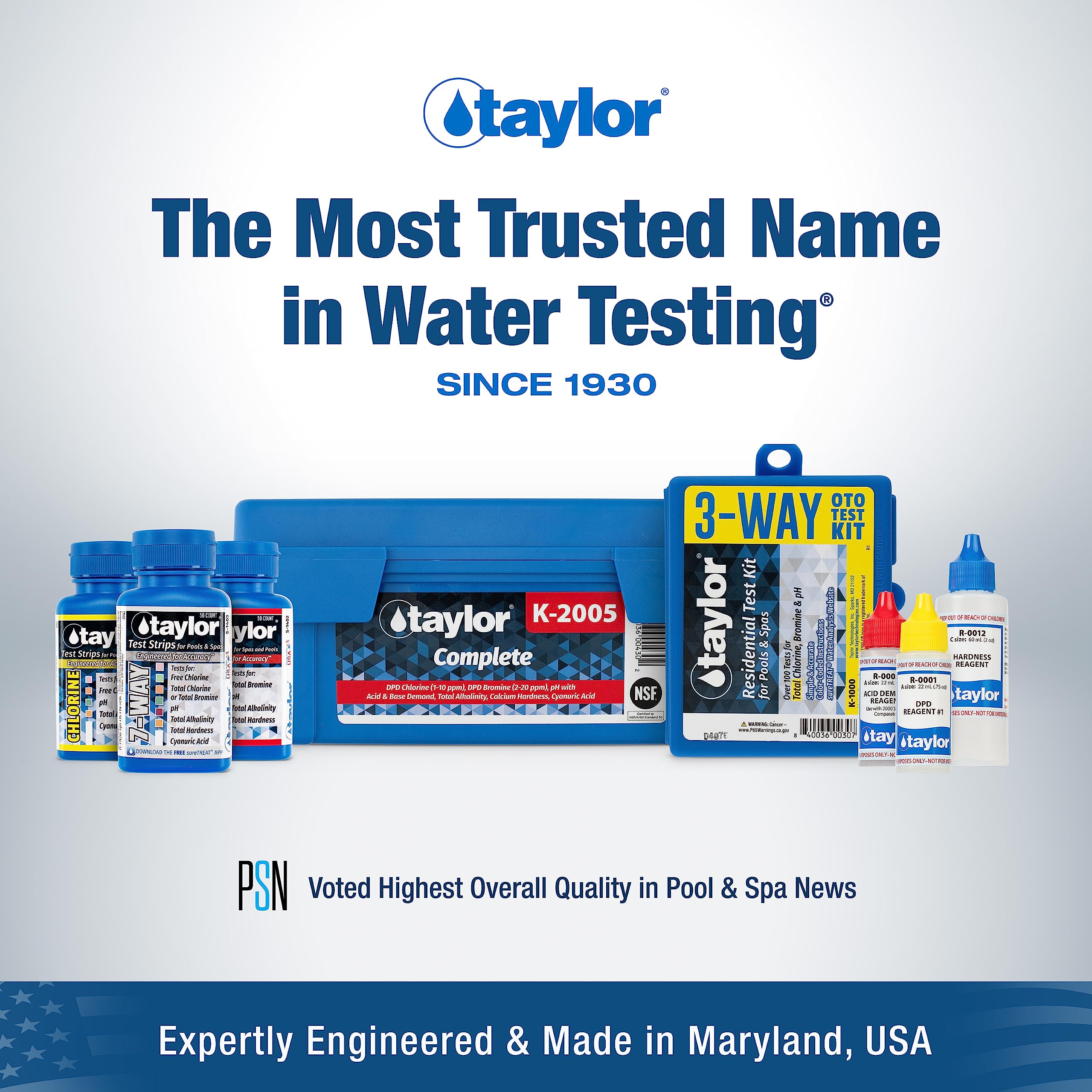 Taylor K-1004 DPD, 6-in-1 Pool Test Kit for for Free & Total Chlorine, Bromine, pH, Acid Demand, Total Alkalinity, 100+ Tests, Quick & Easy for Pools & Spas | Made in The USA