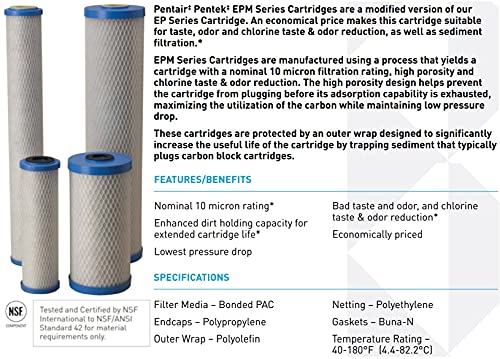 Pentair Pentek EPM-10 Carbon Water Filter, 10-Inch, Under Sink Modified Epsilon Carbon Block Replacement Cartridge with Bonded Powdered Activated Carbon (PAC) Filter, 10" x 2.5", 10 Micron