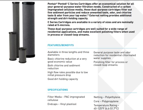 Pentair Pentek C1-20 Carbon Water Filter, 20-Inch, Whole House Dual Purpose Powdered Activated Carbon-Impregnated Cellulose Replacement Cartridge, 20" x 2.5", 5 Micron