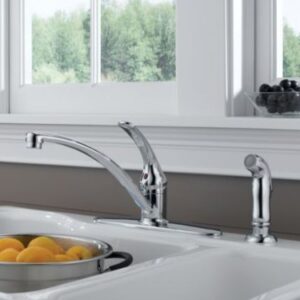 Delta Faucet Foundations Kitchen Faucet with Side Sprayer, Chrome Kitchen Sink Faucet, Single Handle Kitchen Faucet, Chrome B4410LF