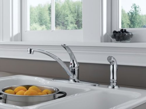 Delta Faucet Foundations Kitchen Faucet with Side Sprayer, Chrome Kitchen Sink Faucet, Single Handle Kitchen Faucet, Chrome B4410LF