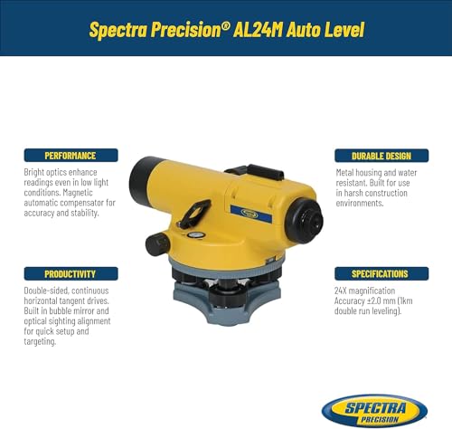 Spectra Precision AL24M Auto Level with Magnetic Dampened Compensator, 24x Magnification, Horizontal Angle Measuring