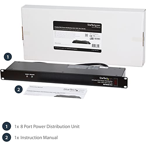 StarTech.com 8 Outlet Horizontal 1U Rack Mount PDU Power Strip for Network Server Racks - Surge Protection - 120V/15A - w/ 6ft Power Cord (RKPW081915)